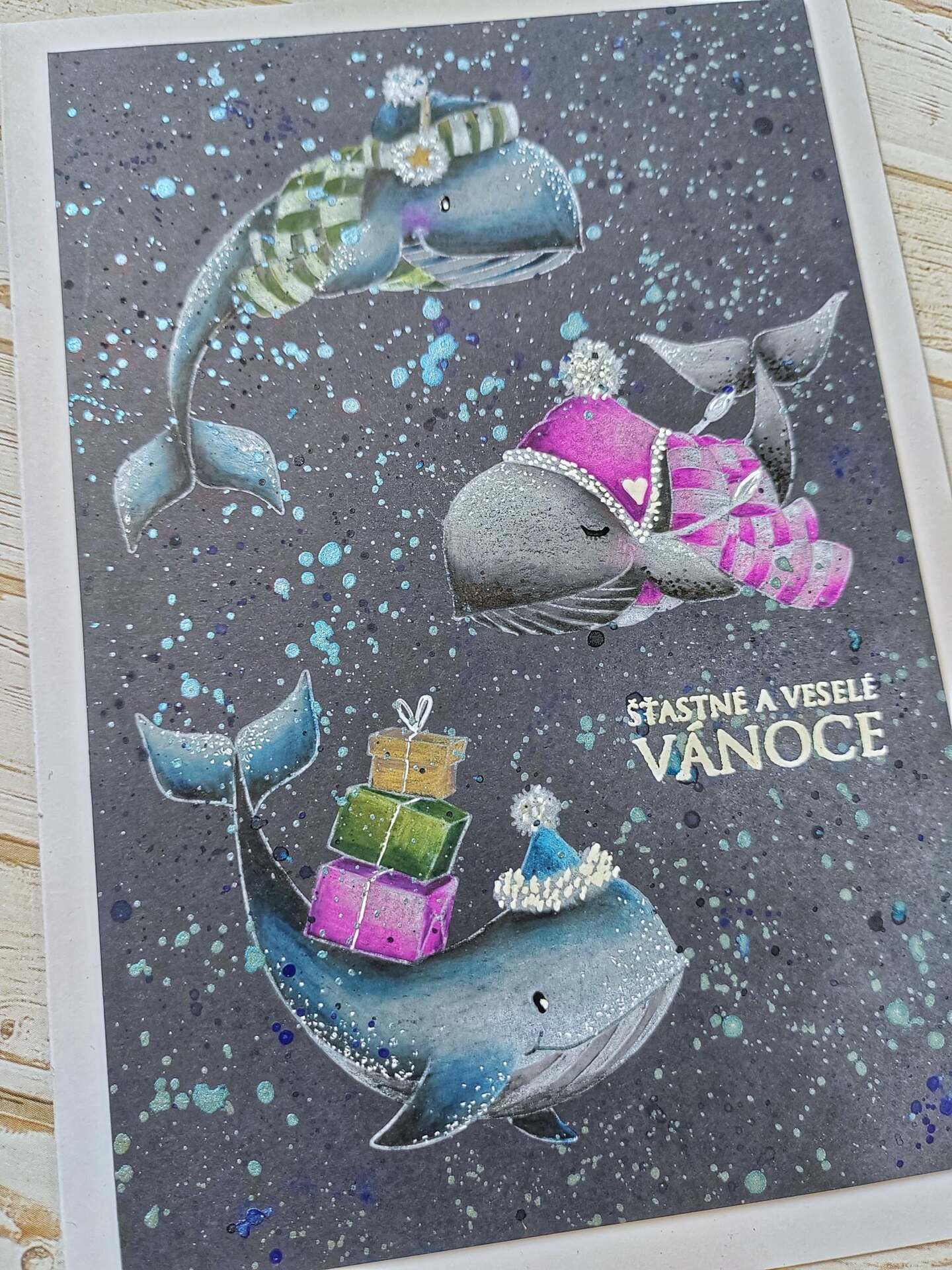 Přání ruční výroba - Vánoční velryby - 1 ks | Europack.cz